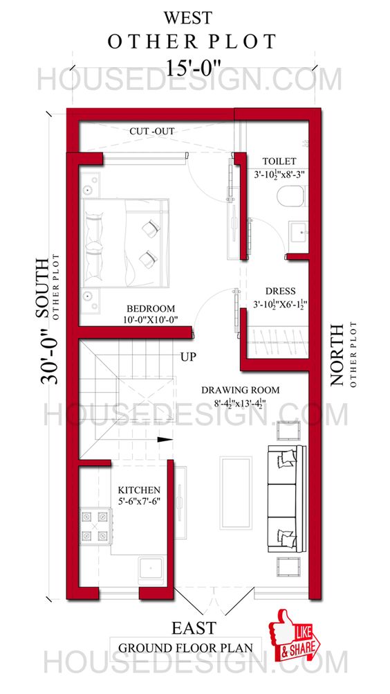 15x30 House Plans 15X30 Feet Duplex House Design Details : 3BHK