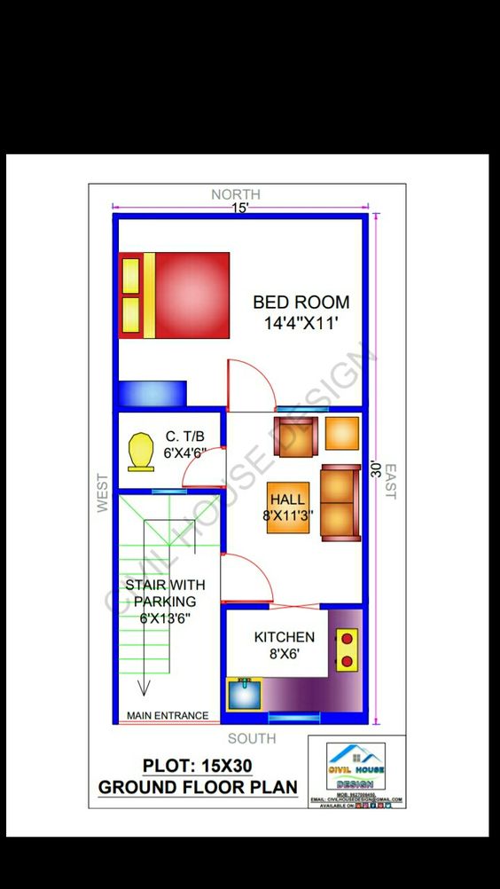 15x30 House Plans 15X30 Feet Duplex House Design Details : 3BHK