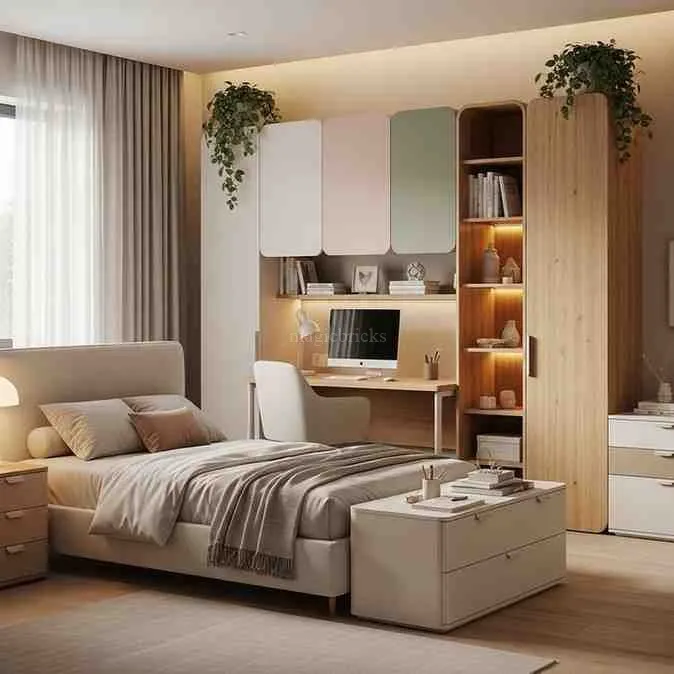 Modern Bedroom Home Office Design with Low-Profile Bed and Pastel ...