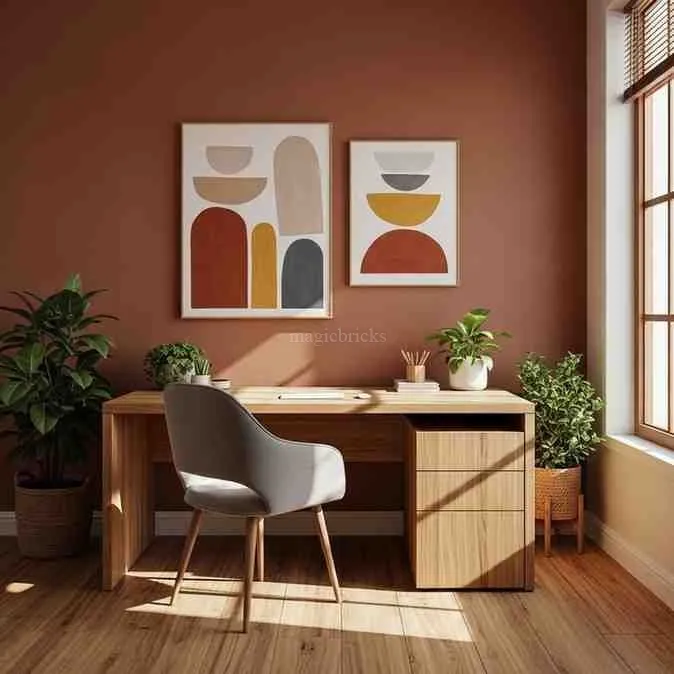 Earthy Modern Home Office Design with Solid Wood Desk and Terracotta ...