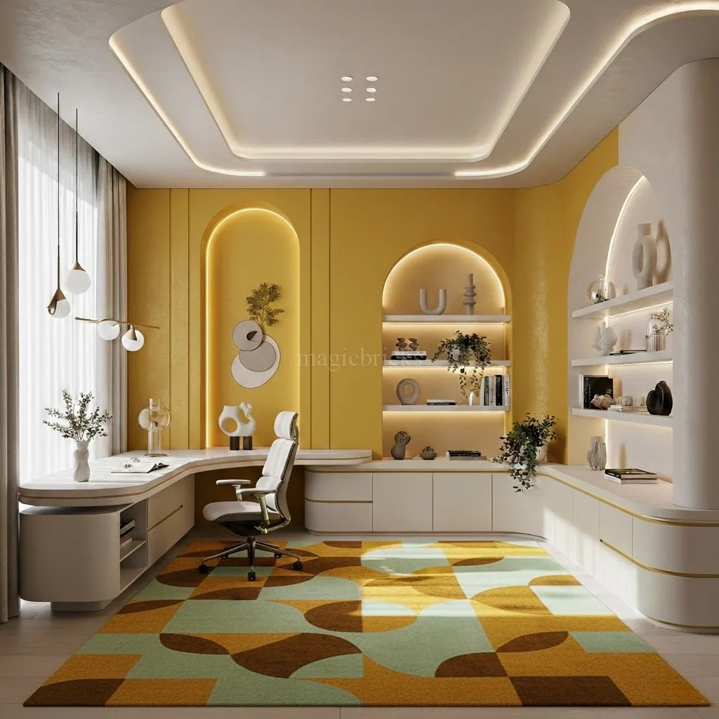 Futuristic White and Yellow Modern Home Office with Arched Niches and ...