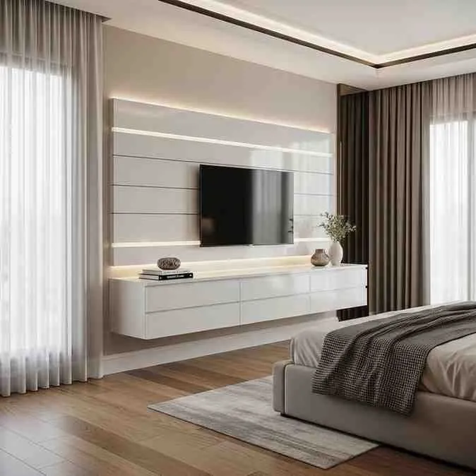 Floating Modern High-Gloss TV Unit with LED Backlit Wall Panel