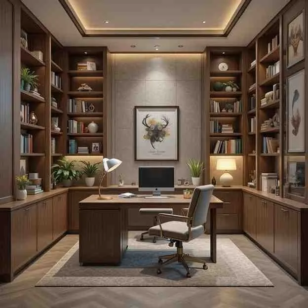 Bay Window Acacia Modern Home Office Design with Arched Library ...