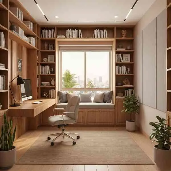 Bay Window Acacia Modern Home Office Design with Library Shelving and ...