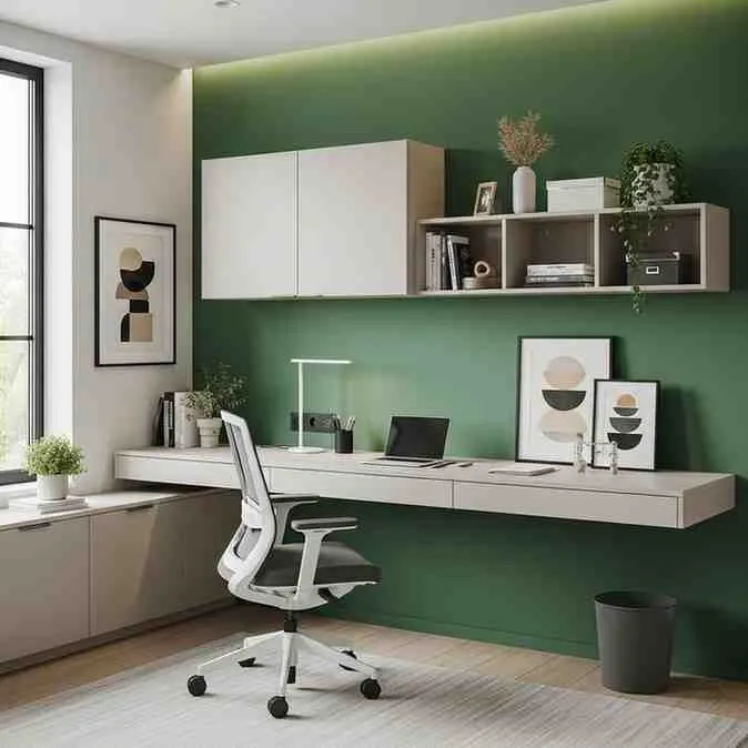 Modern Minimalist Home Office with Floating Desk and Green Accent Wall