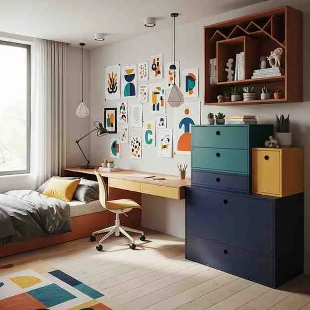 Modern Bedroom Workspace with Integrated Desk and Color-Blocked Storage