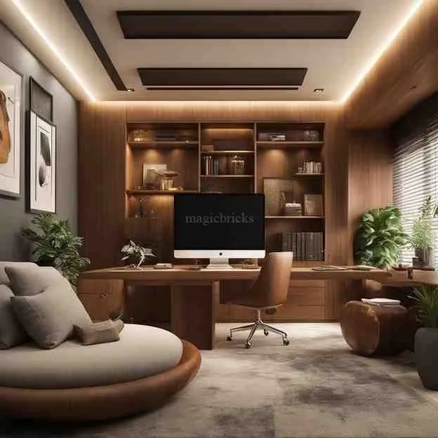 Stylish Home Office Interior with Teak Wall Units